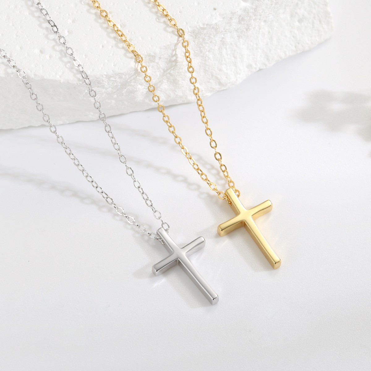 Lantisor cruce argint, dama, argint 925 placat cu aur, pandant cruce cu ...