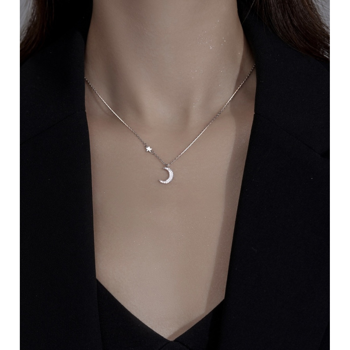 Lantisor din argint luna si stea cu cristale albe, dama, argint/argint ...
