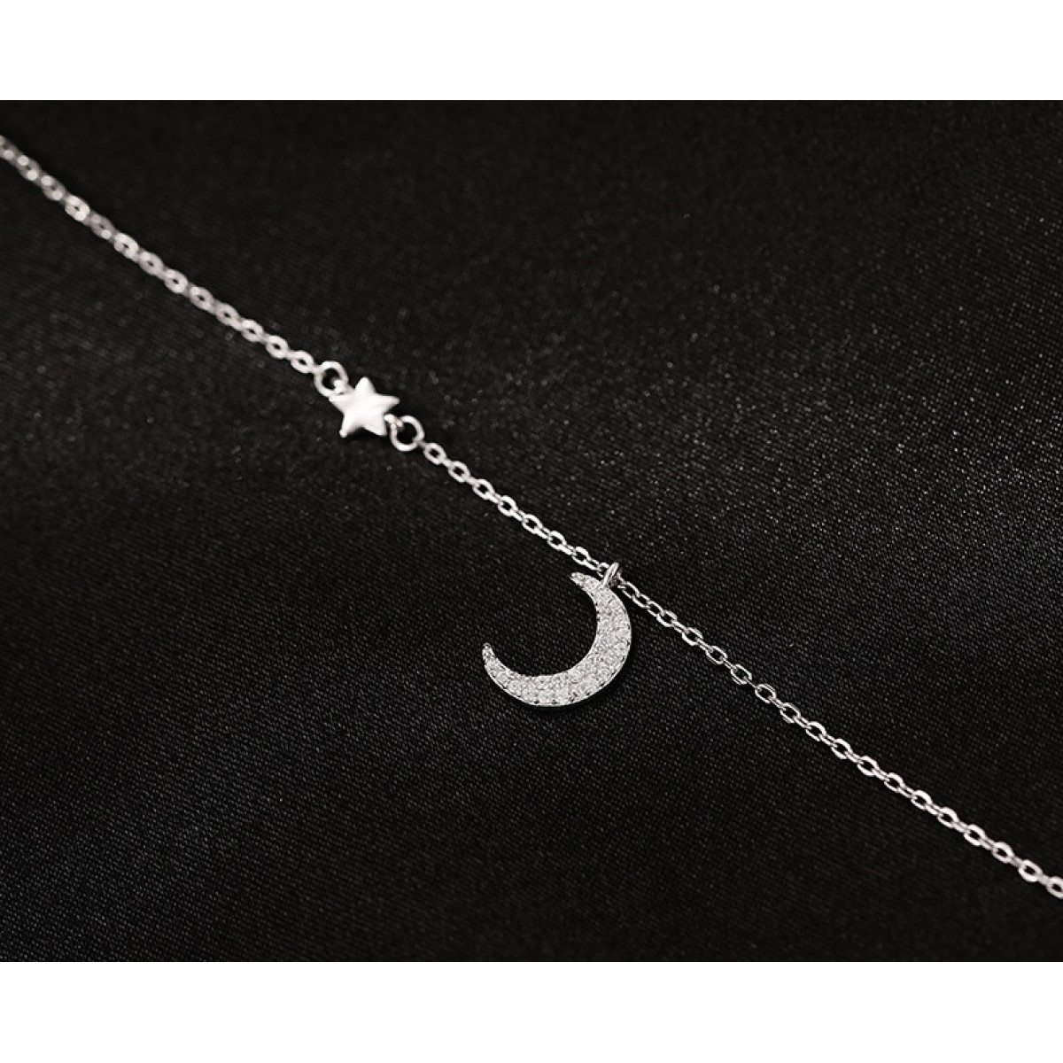 Lantisor din argint luna si stea cu cristale albe, dama, argint/argint ...