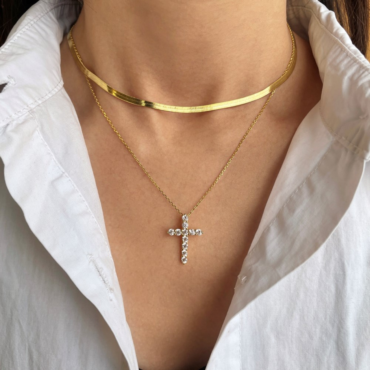 Lantisor cruce argint, dama, argint 925 placat cu aur, pandant cruce cu ...