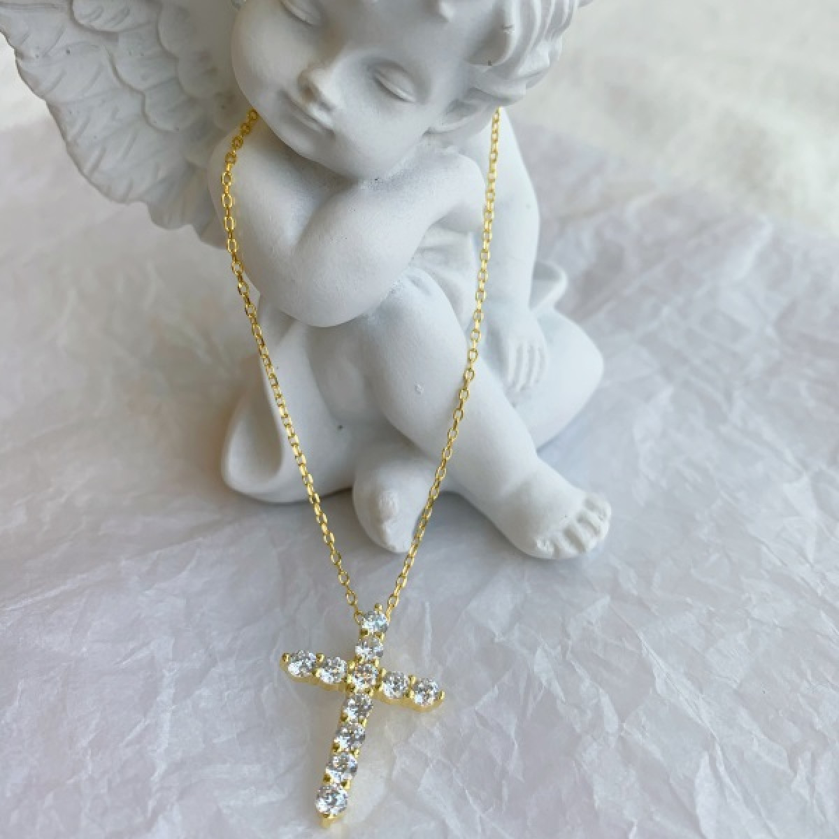 Lantisor cruce argint, dama, argint 925 placat cu aur, pandant cruce cu ...